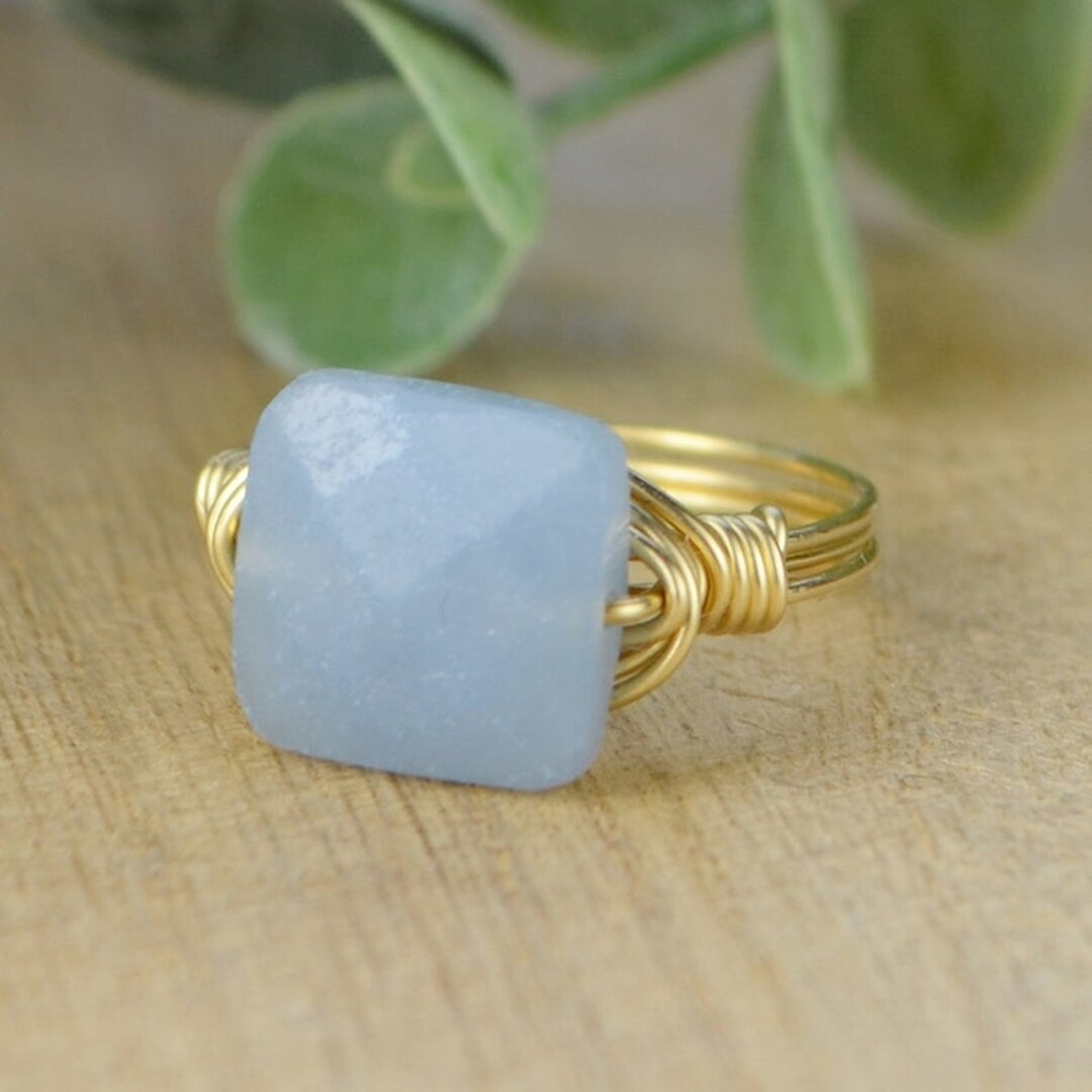 Blue Grey Angelite Faceted Square Gemstone Wrapped Ring-sterling Silver ...