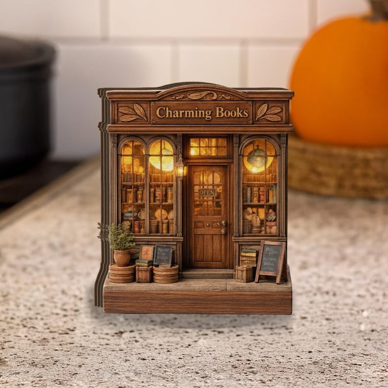 Personalized Bookstore Wooden Block Miniature Custom Book Shop Name ...