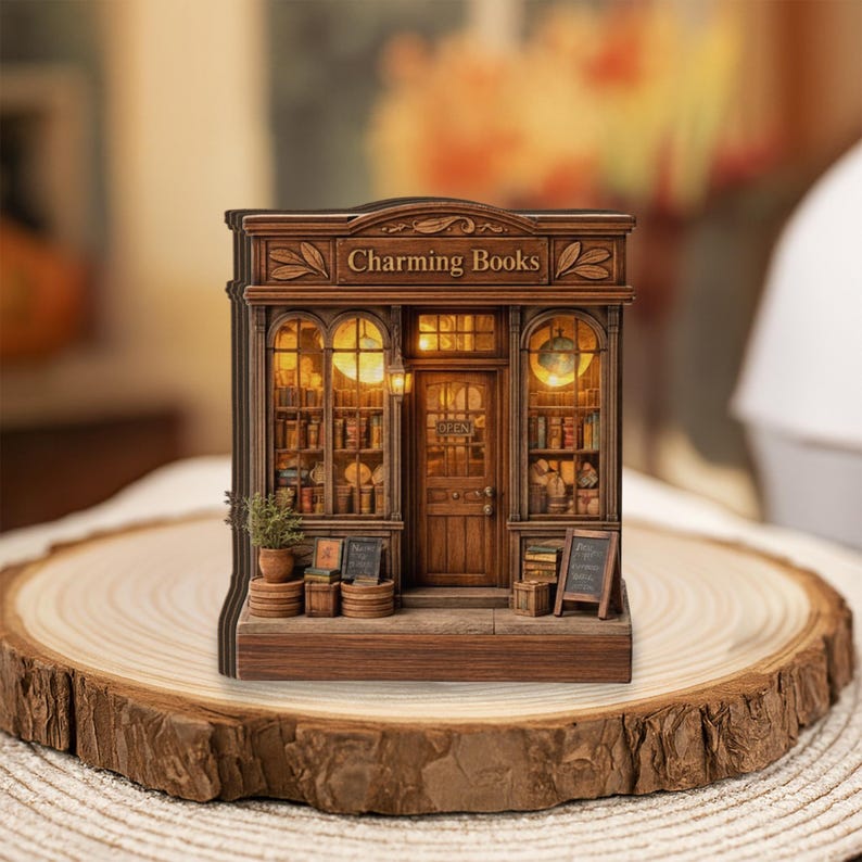 Personalized Bookstore Wooden Block Miniature Custom Book Shop Name ...