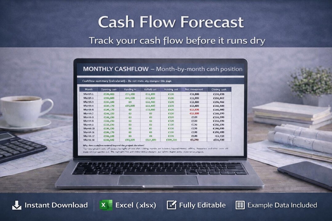Monthly Renovation Cash Flow Forecast | Excel Spreadsheet for Property ...