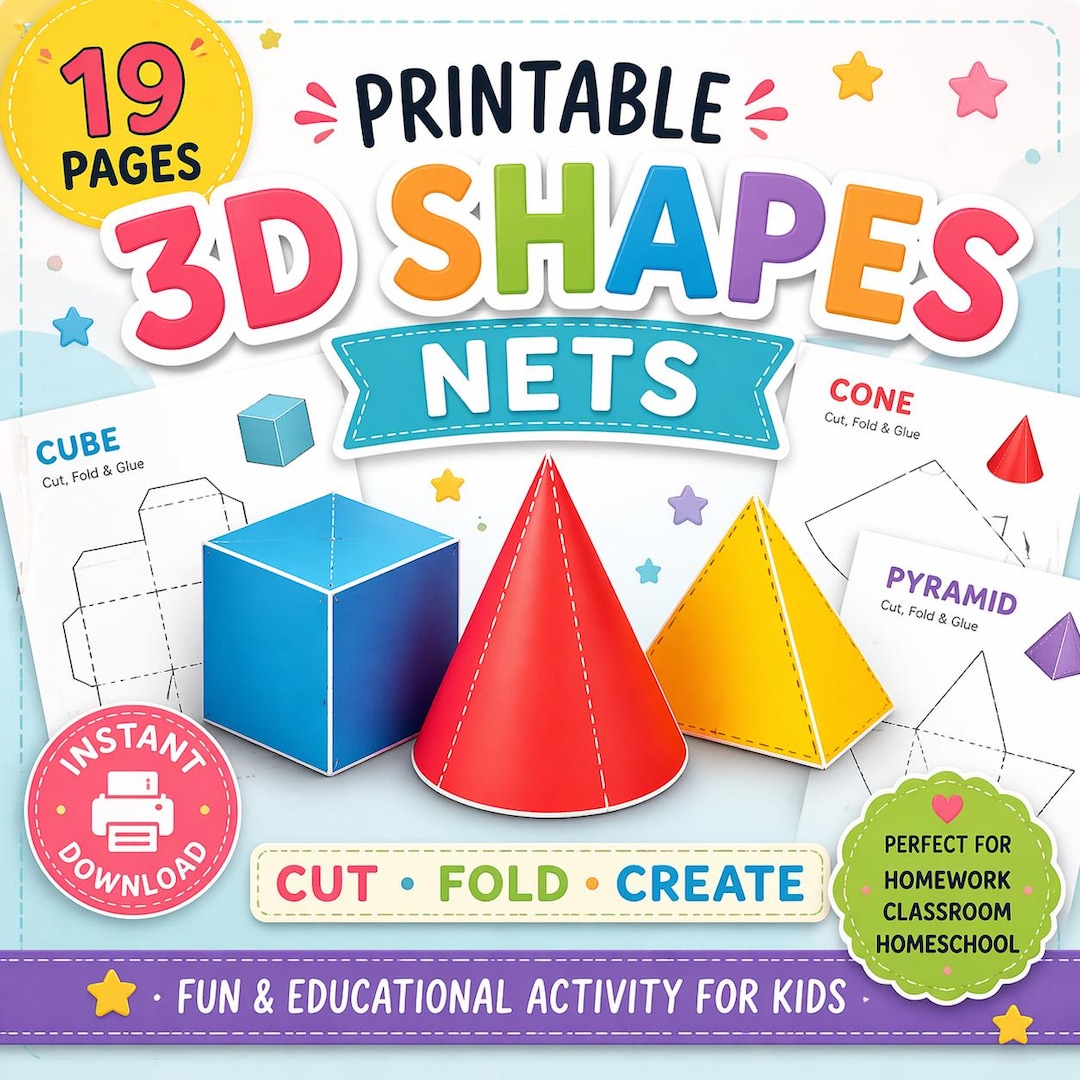 3D Shapes Nets Printable for Kids | Math Worksheets for Kids | Cut ...