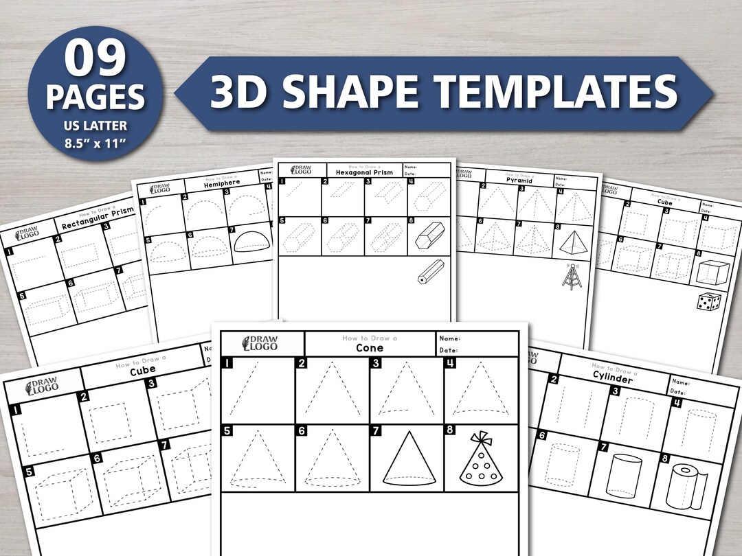 Draw 3D Shapes Worksheets | 9 Printable Templates | Tracing & Drawing ...