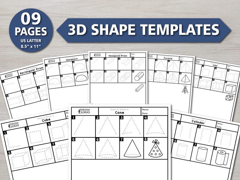 Draw 3D Shapes Worksheets | 9 Printable Templates | Tracing & Drawing ...