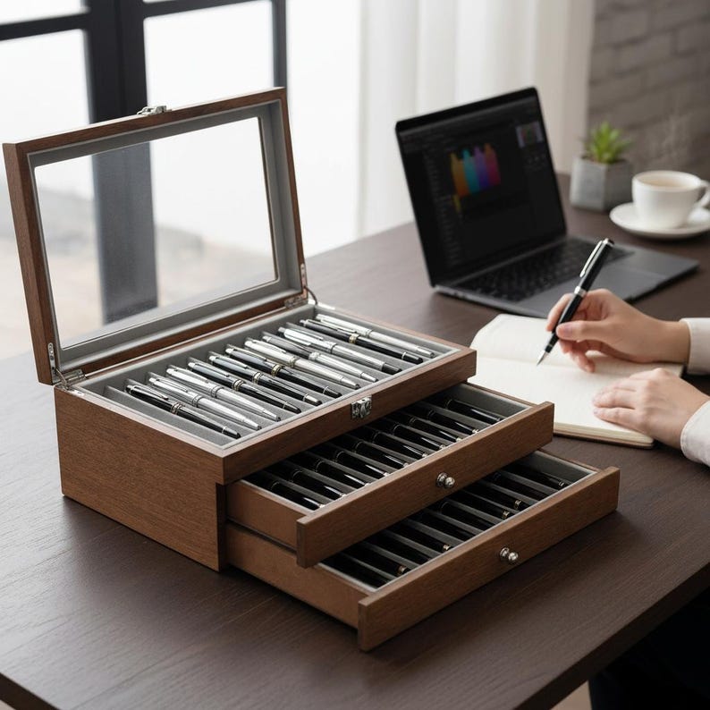 3-tier Rosewood Pen Box – Wooden Pen Storage Case With 34 Compartments ...