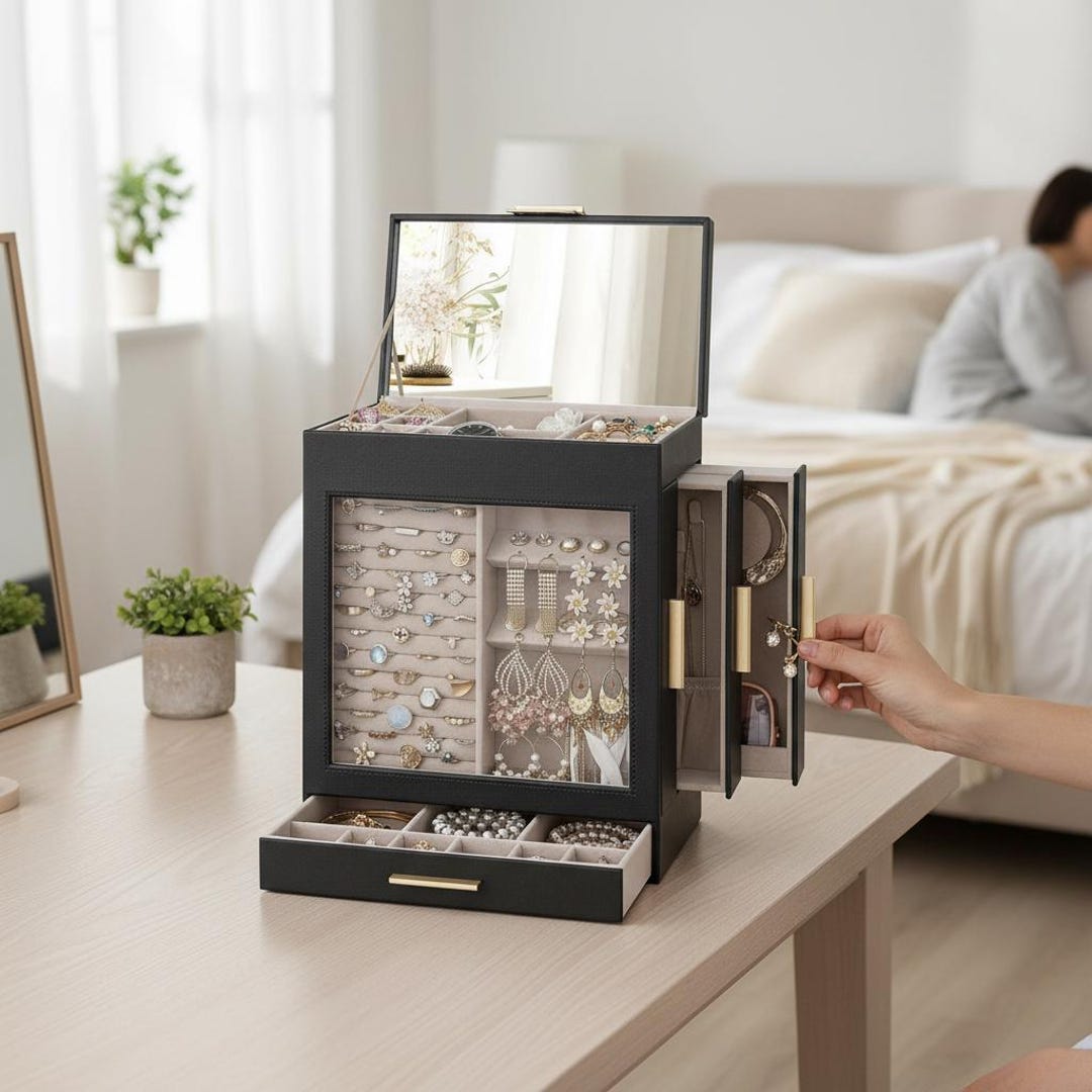 5 Layer Jewelry Box With Glass Lid and Mirror, Modern Wooden Jewelry ...