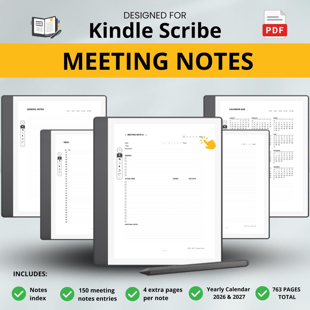 Meeting Notes Digital Notebook for Kindle Scribe | Hyperlinked PDF ...