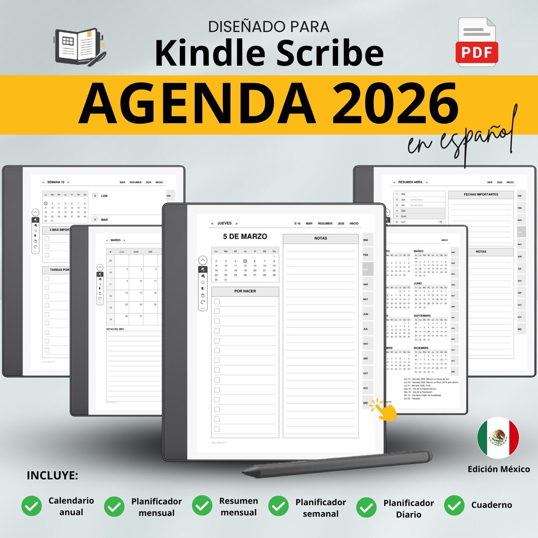 Agenda numérique Scribe Kindle 2026 en espagnol. Agenda mensuel ...