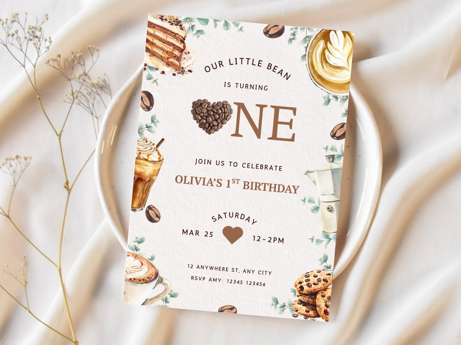 One Little Bean Birthday Invitation, Coffee Shop 1st Birthday Invite ...