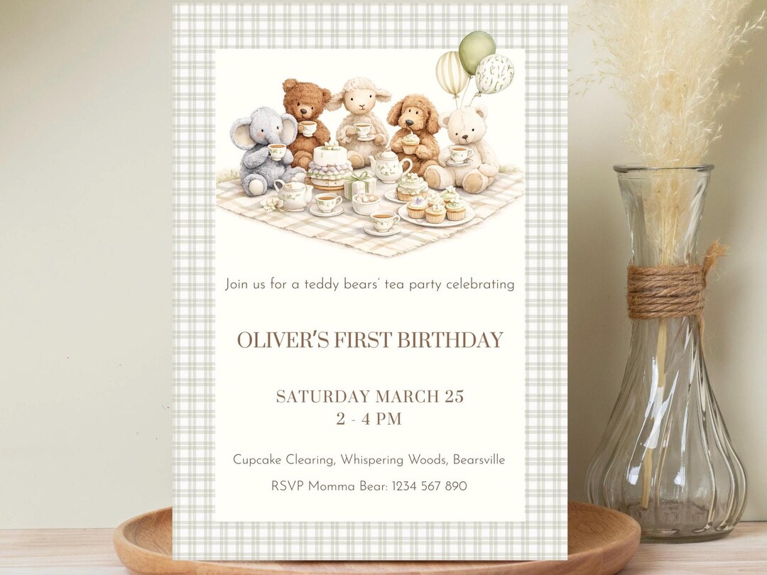 Teddy Bear Tea Party Birthday Invitation, Neutral Gingham Stuffed ...
