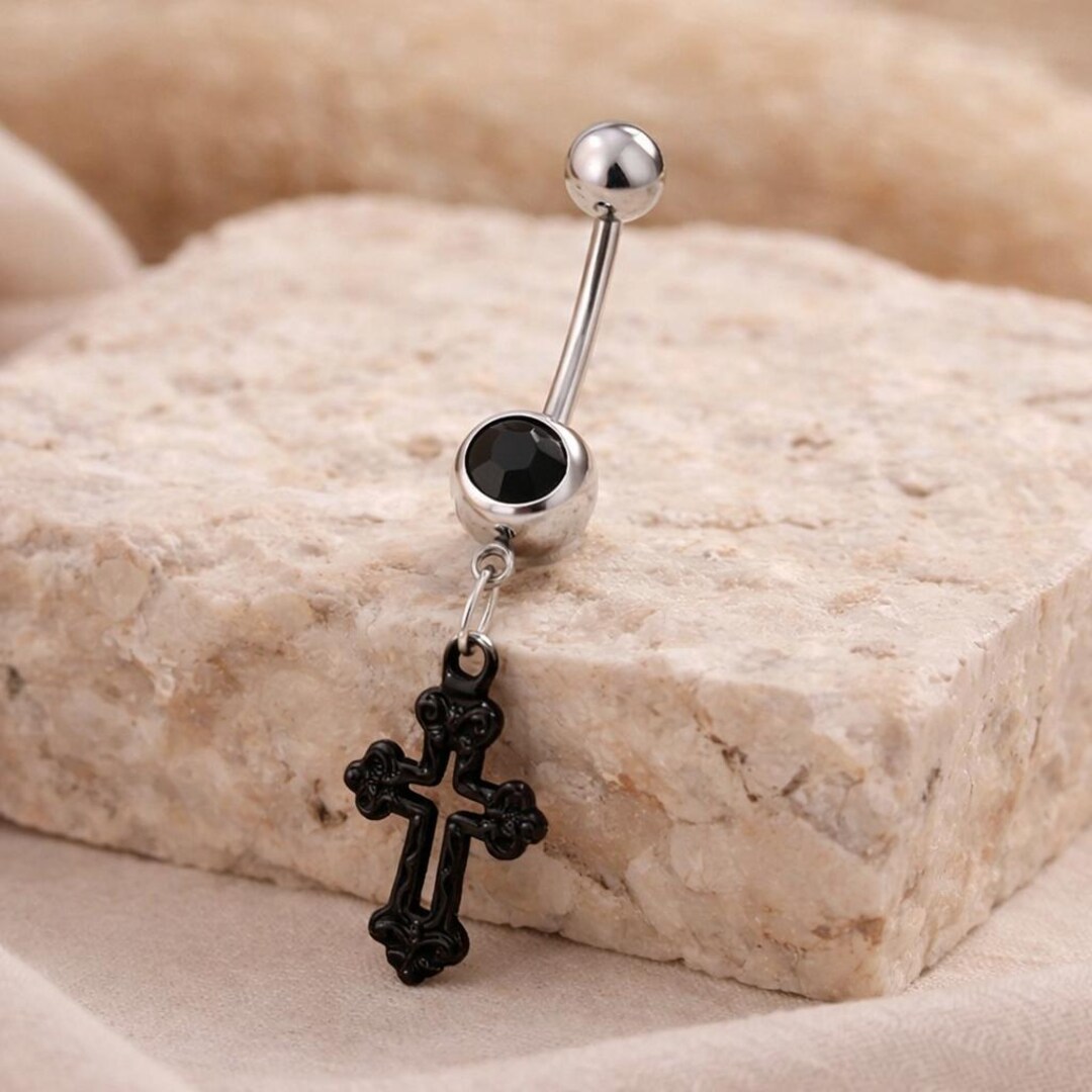 Black Cross Dangle Belly Ring – Stainless Steel Navel Piercing With ...