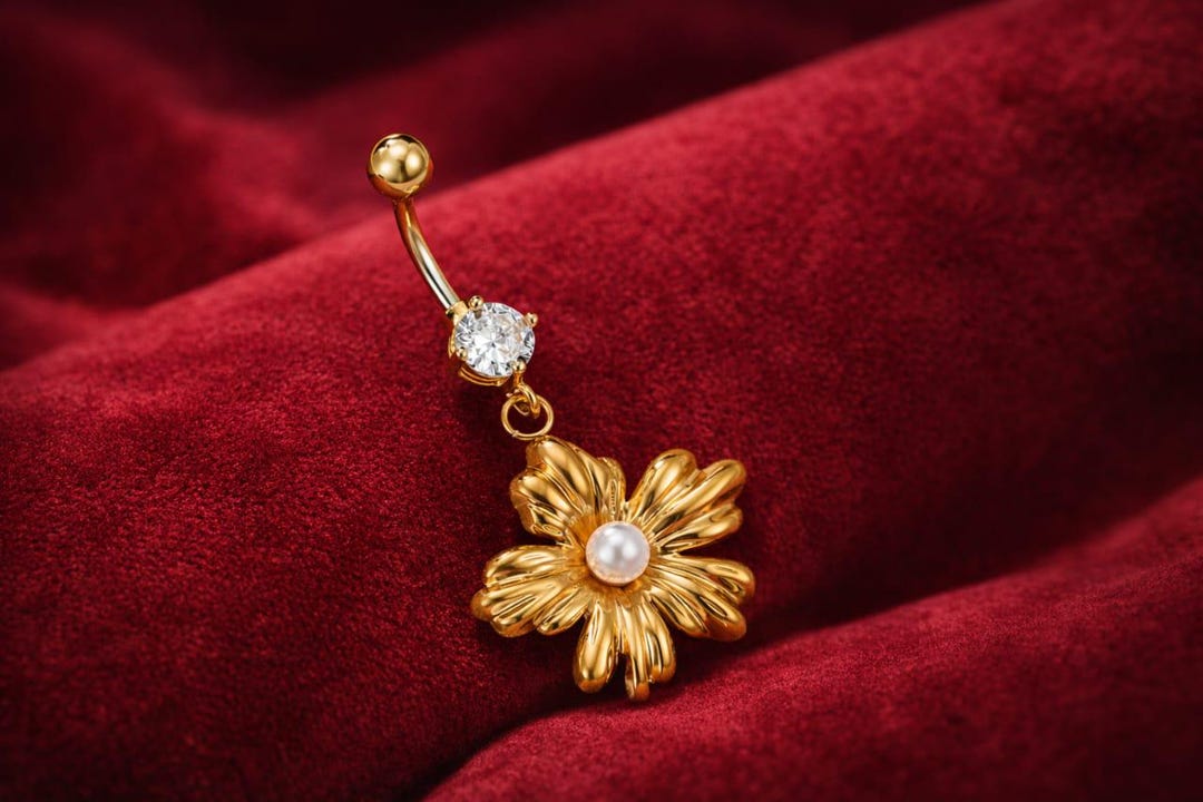 Gold Flower Belly Button Ring With Pearl Center & CZ Crystal, Elegant ...