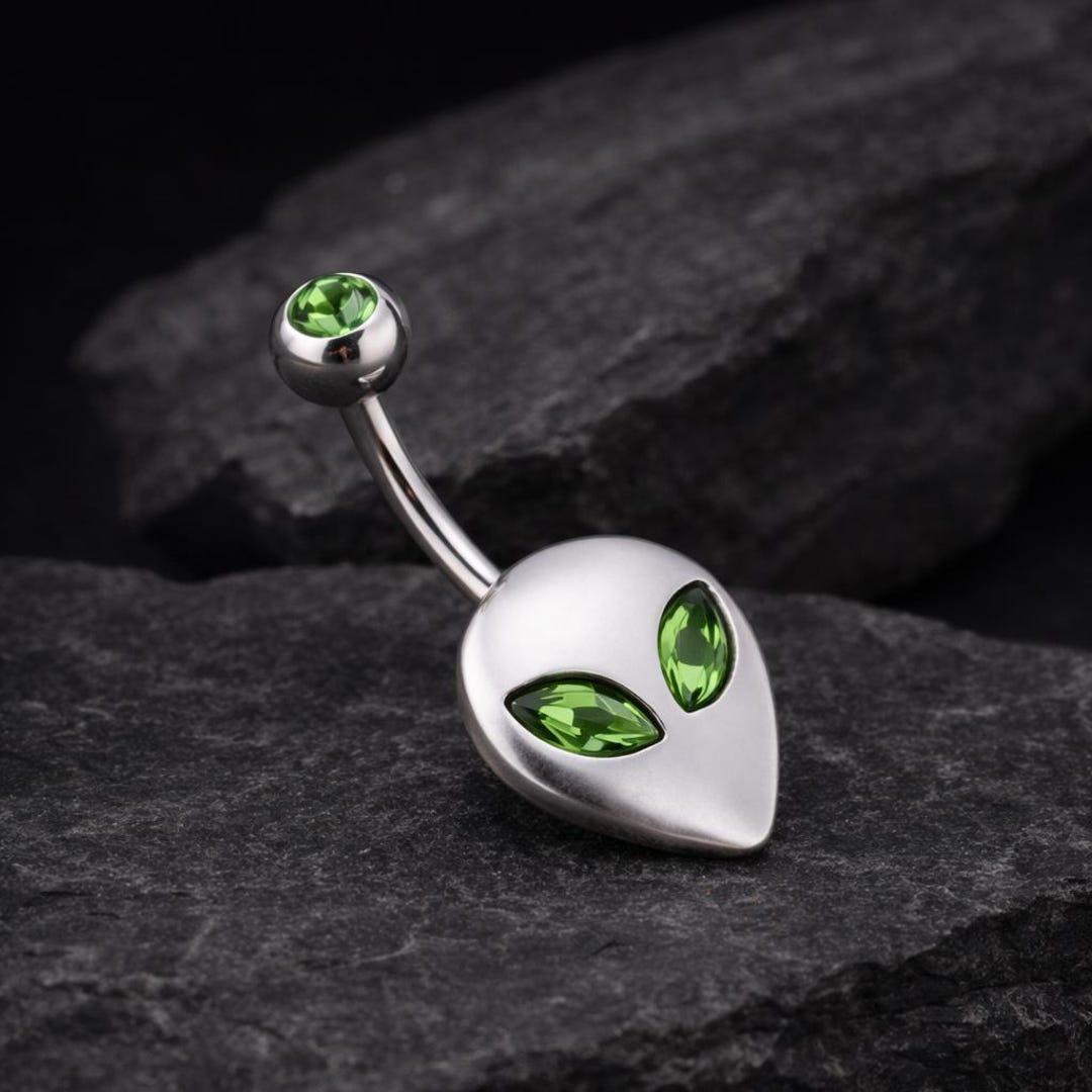 Alien Head Belly Ring With Green Crystal Eyes – Silver Navel Piercing ...