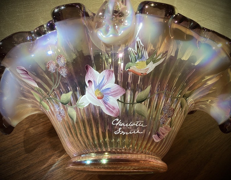 Vintage Fenton Handpainted Champagne Iridescent Basket With Plum ...