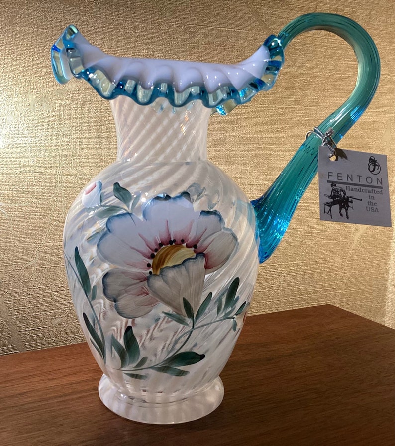 Fenton Celeste Blue Spiral Optic Pitcher. Artist Signed. Documents ...