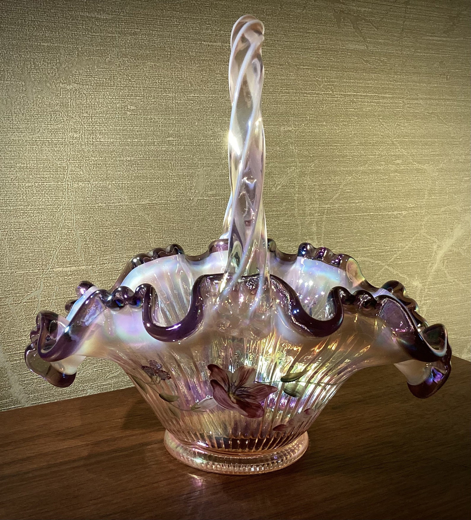 Vintage Fenton Handpainted Champagne Iridescent Basket With Plum ...