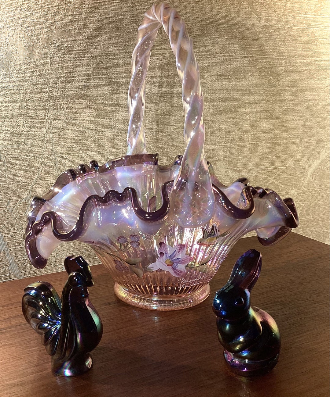 Vintage Fenton Handpainted Champagne Iridescent Basket With Plum ...