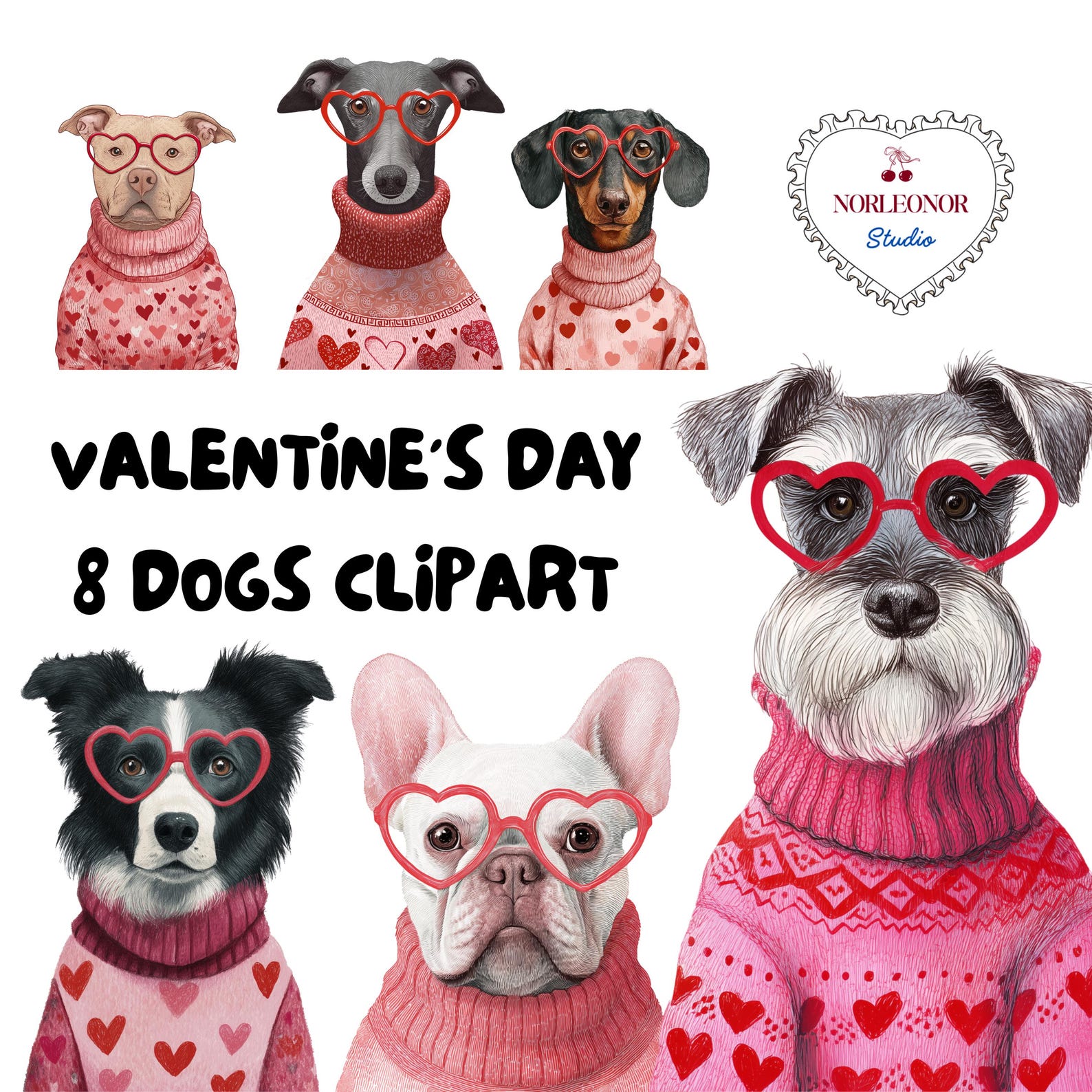 Valentine Dogs Clipart, Pink Heart Glasses, 8 Breeds (digital Download ...