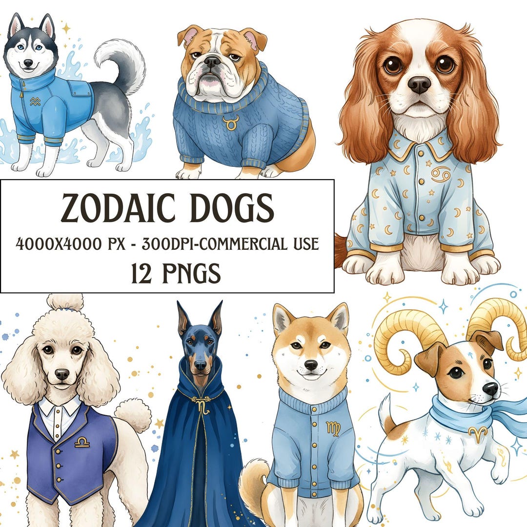 Zodiac Dogs Clipart 12 PNG Set for Crafts Prints Gifts Projects, Astro ...
