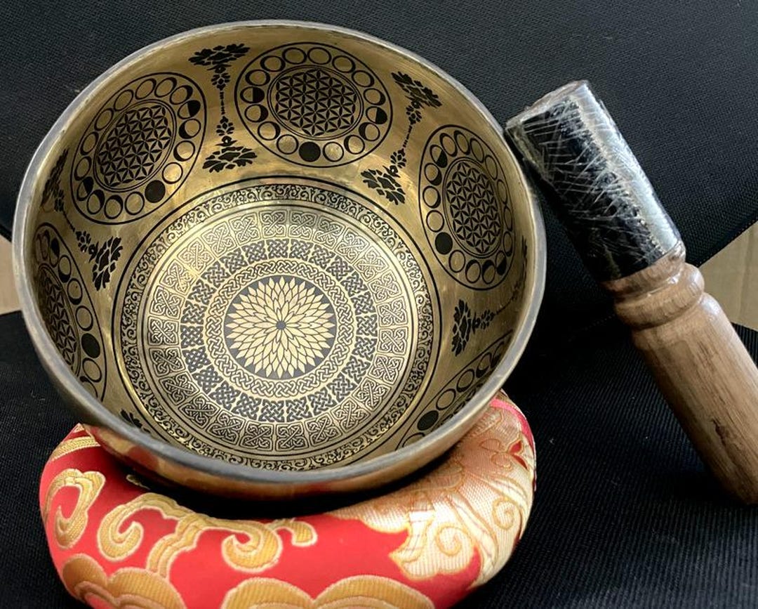 6" Flower of Life and Sacred Geometry Carving Singing Bowl-7 Metals ...