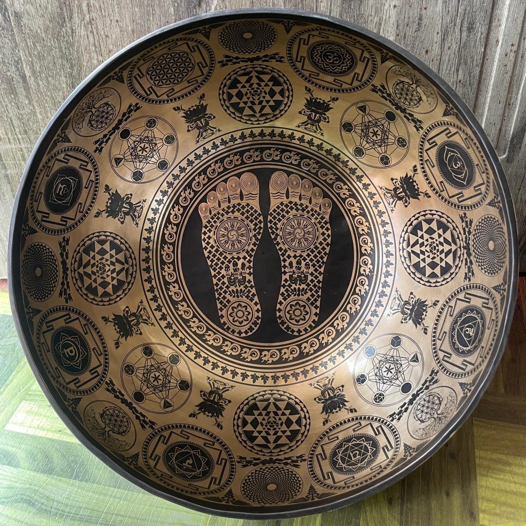 Extra Large Sacred Geometry and Buddha Feet Carved Singing Bowl-deep ...