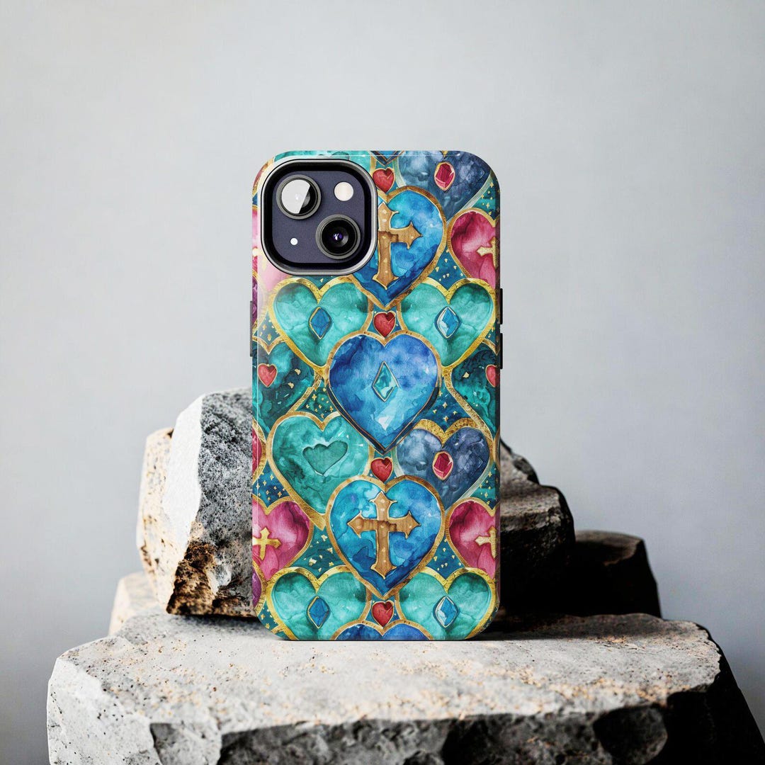 Religious Hearts & Crosses Phone Case | Jewel-toned Design - Etsy