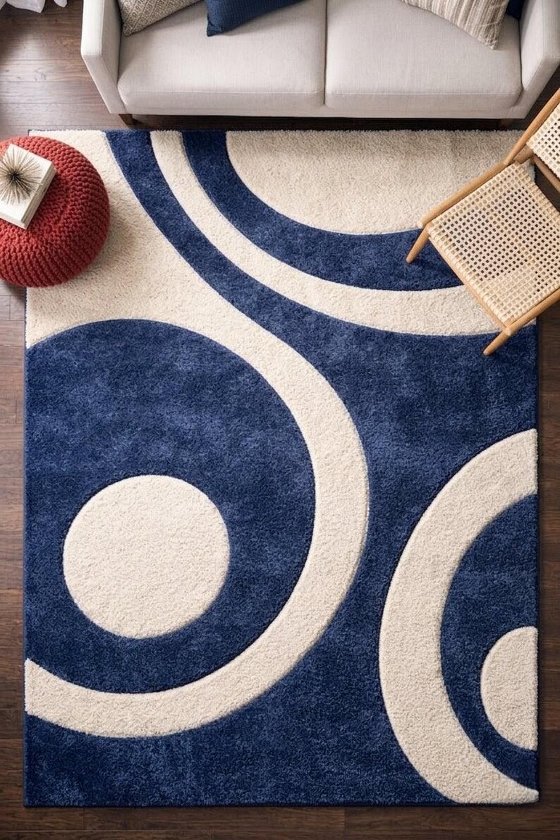 Hand-tufted Wool Geometric Rug, Navy Blue Abstract Area Carpet - Etsy