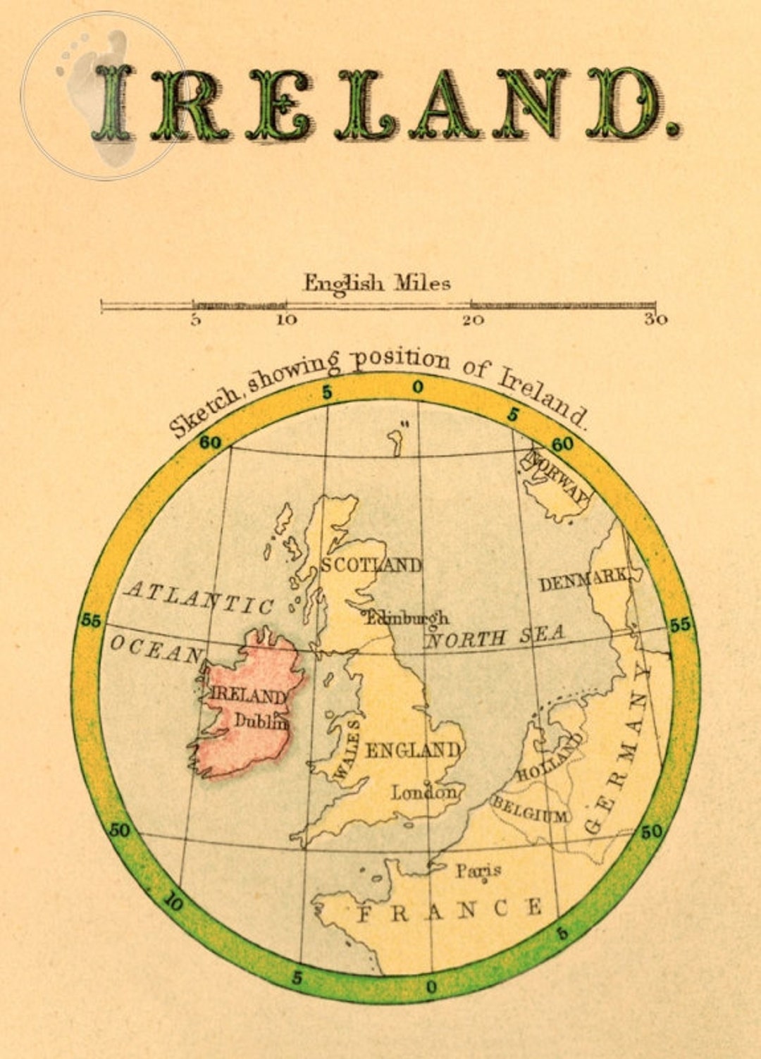 Historic Map Showing Position of Ireland. Reproduction From 1867 World ...