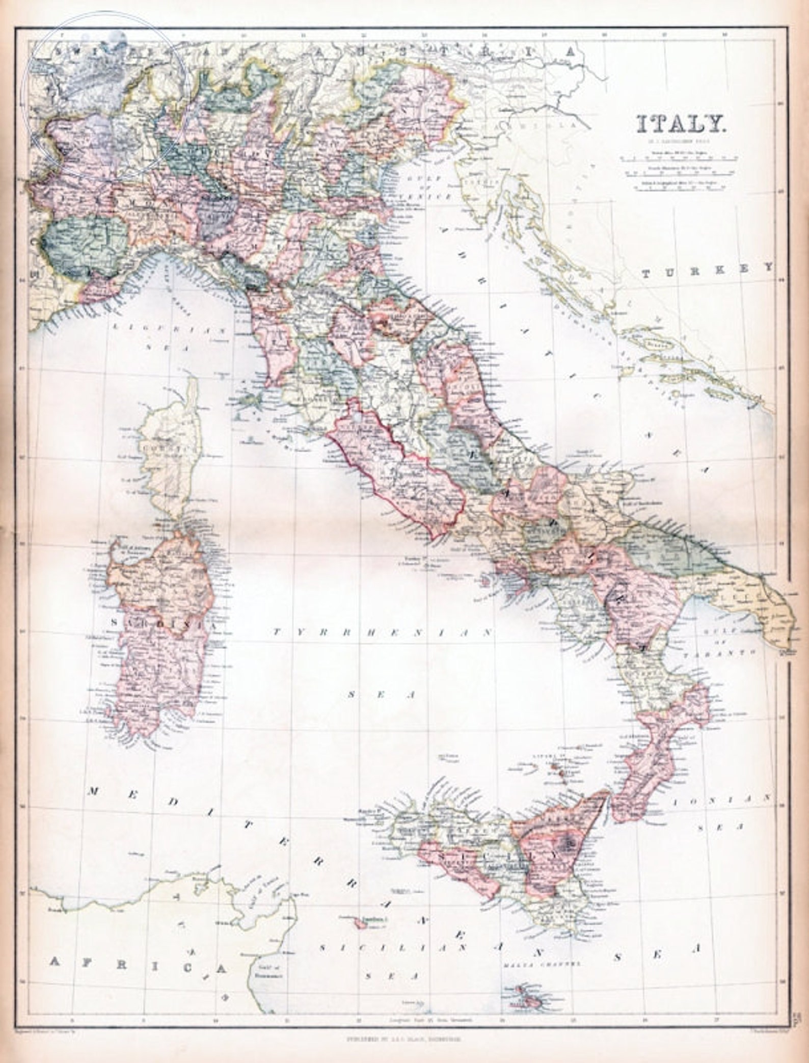 Historic Map of Italy Reproduction From 1867 World Atlas Giclee Print ...