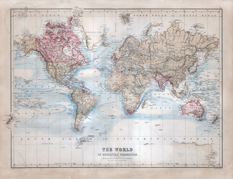 Historic World Map Reproduced From 1867 Atlas, Print / Frame / Canvas ...