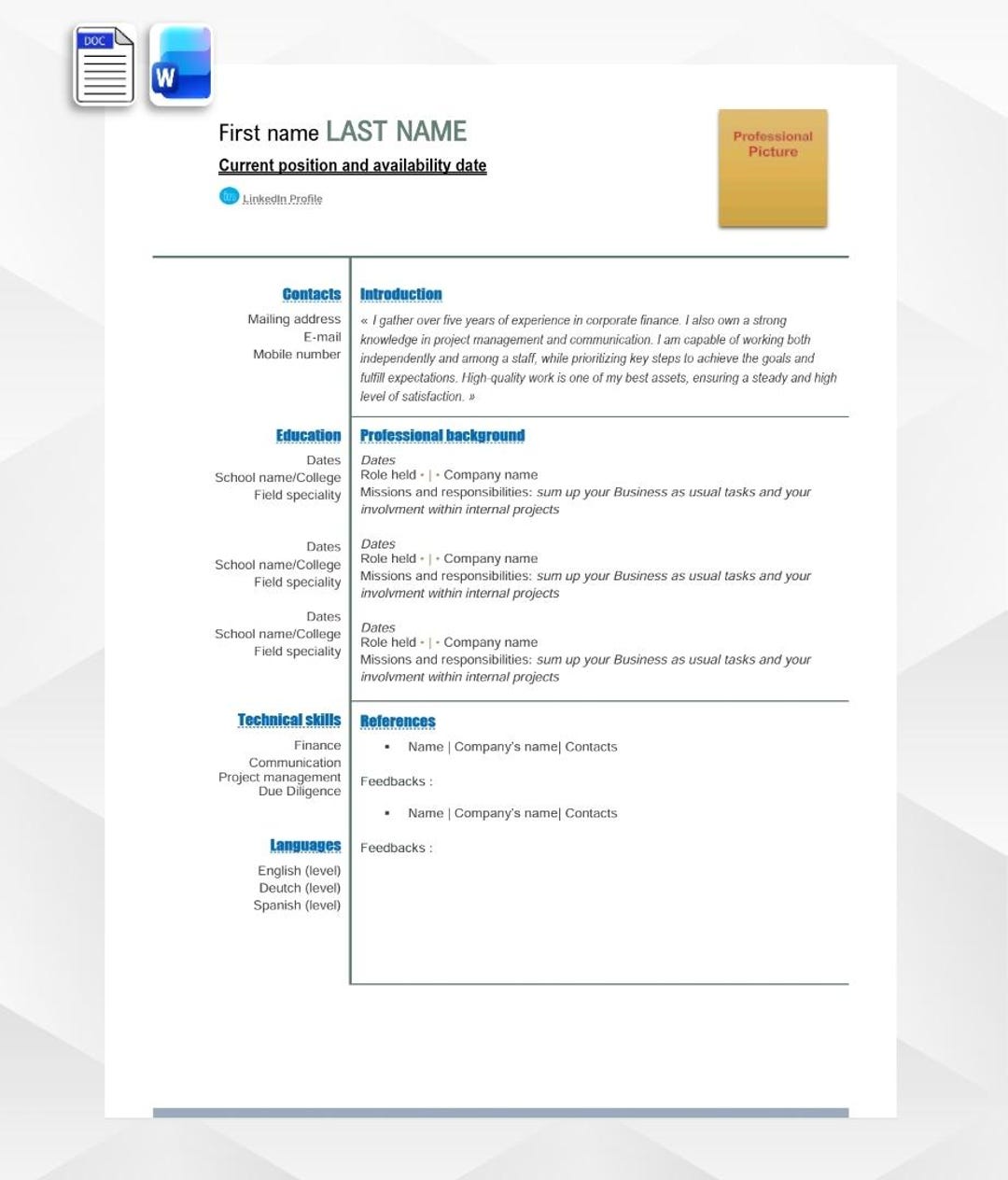 CV Template (EN Version) + Simple Cover Letter - A4 Format Word & Doc ...