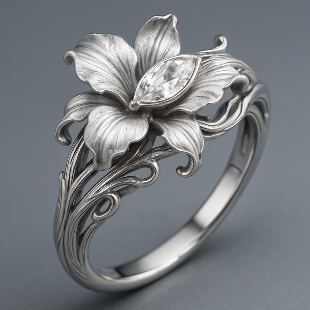 Orchid Bouquet Ring Sterling Silver • Marquise Stone Flower Engagement ...