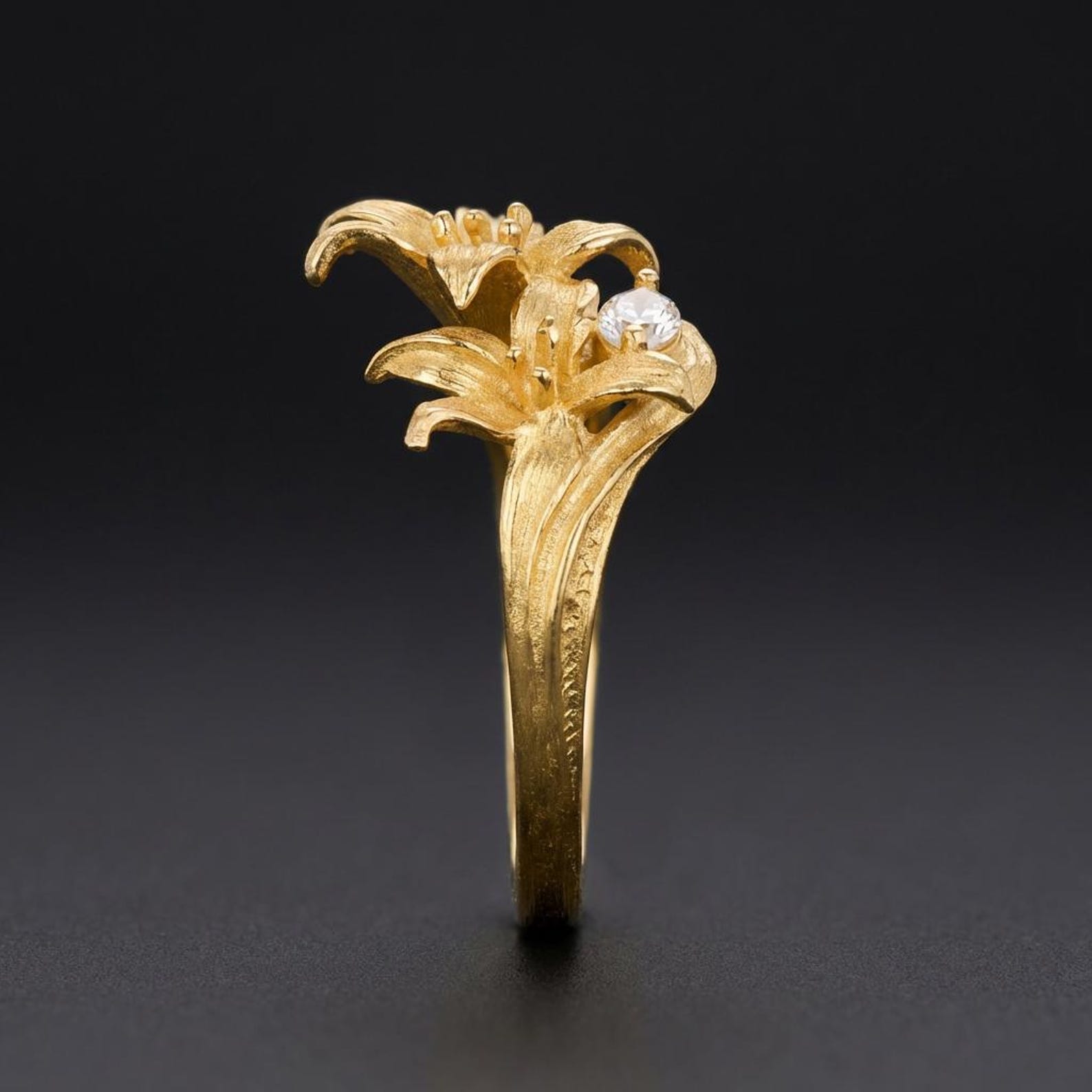 Gold Lily Flower Ring With Marquise Stone | Floral Bouquet Ring ...