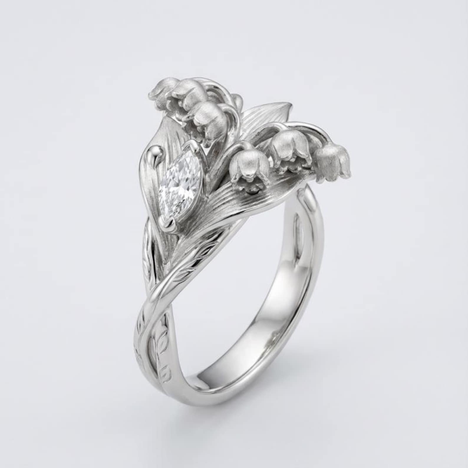 Lily of the Valley Ring, Sterling Silver Floral Marquise Stone ...