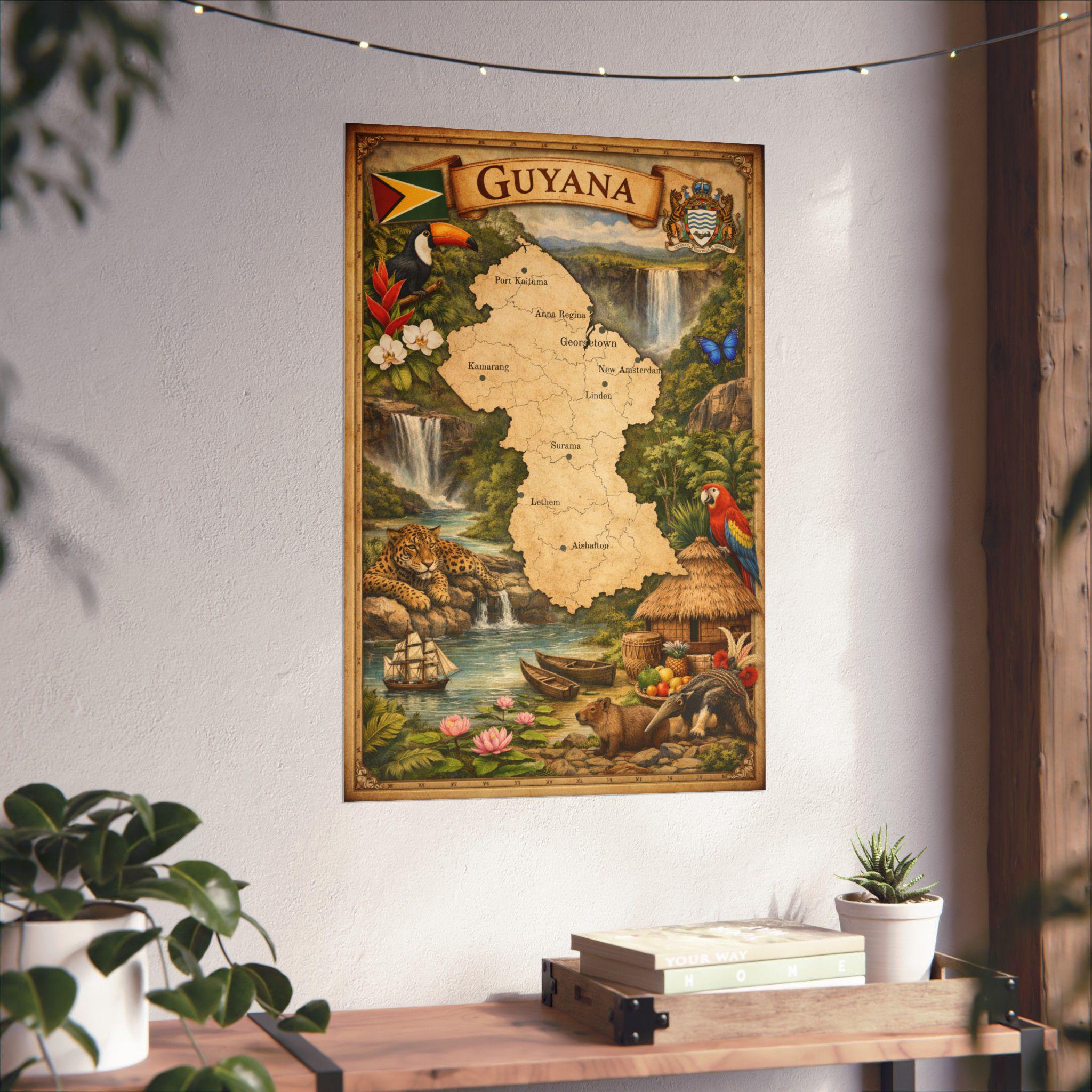 Guyana Map | Vintage Matte Poster Tropical Wildlife, Waterfalls, Toucan ...