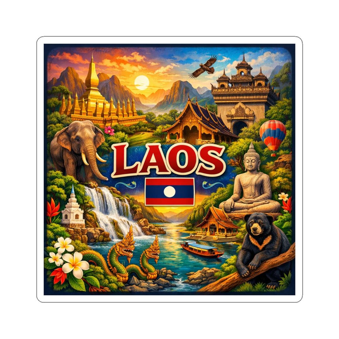 Laos Travel Collage Sticker | Lao Flag, Buddha, Elephant, Waterfall - Etsy