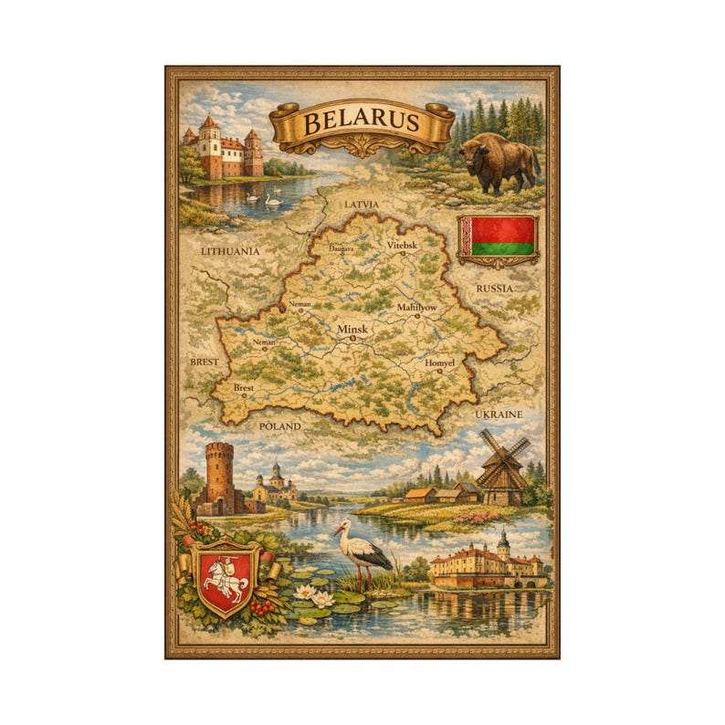 Vintage Belarus Map Matte Poster | Country Map Wall Art, Retro Travel ...