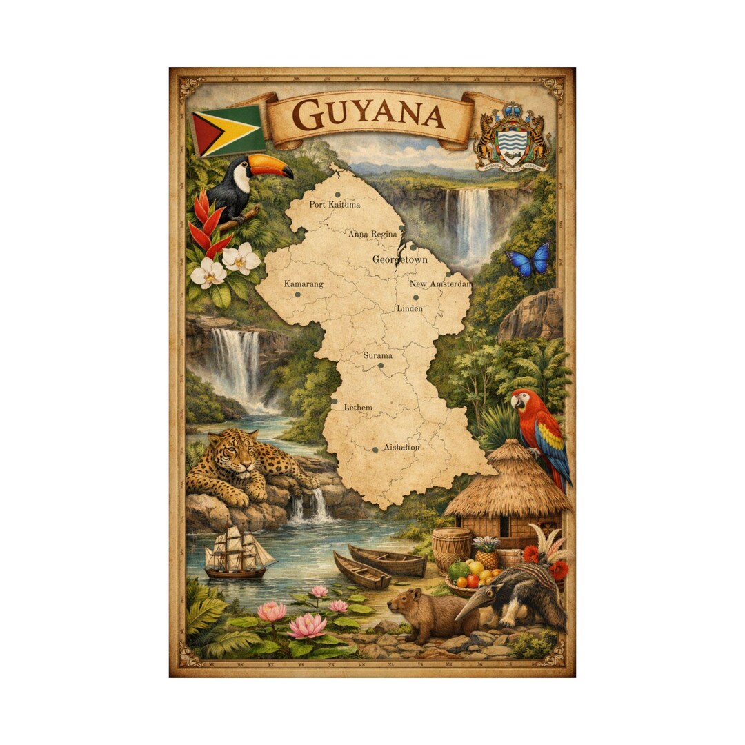 Guyana Map | Vintage Matte Poster Tropical Wildlife, Waterfalls, Toucan ...