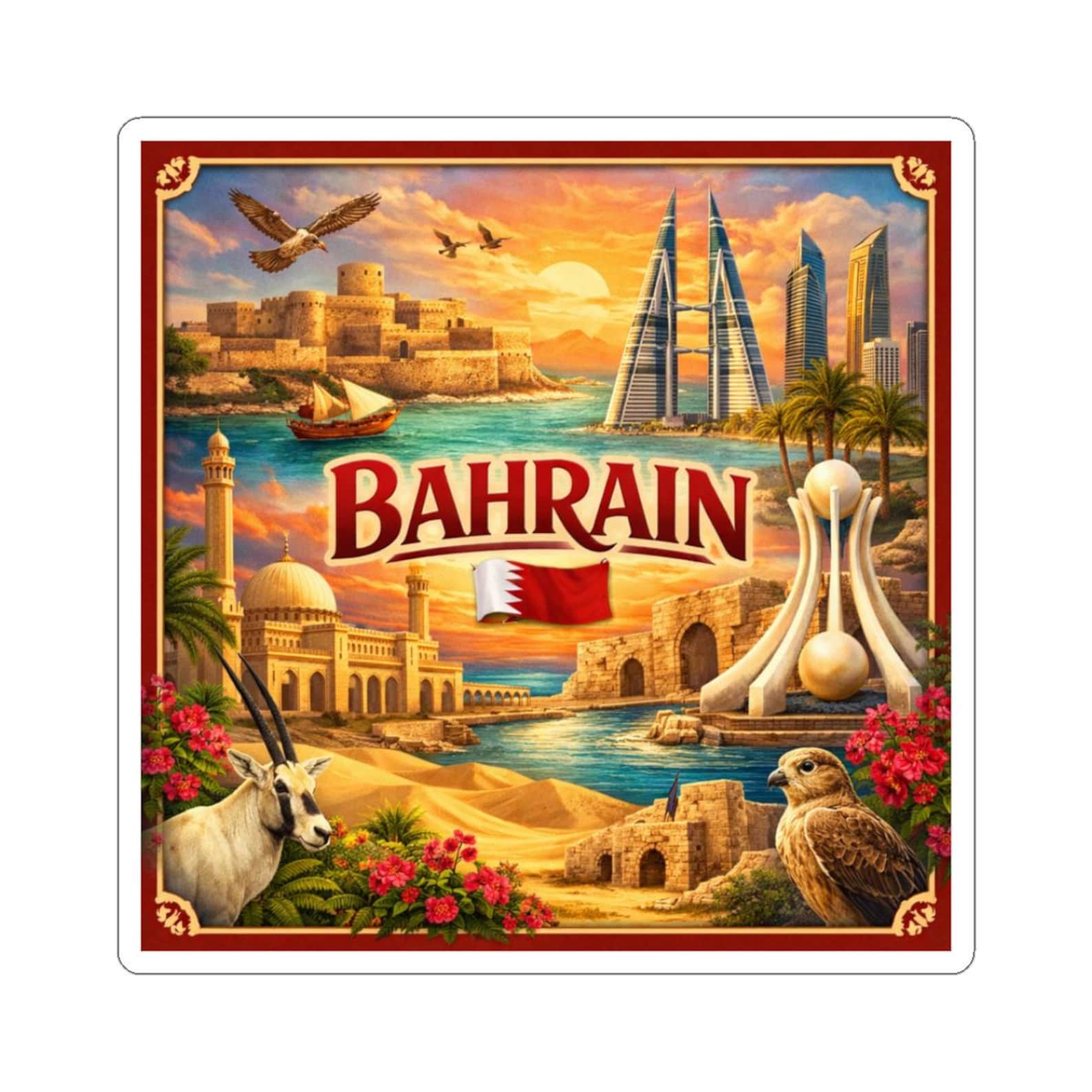 Bahrain Travel Collage Kiss-cut Sticker | Manama Landmarks, Desert ...