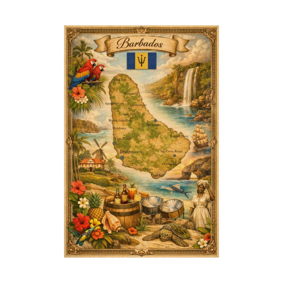 Vintage Barbados Map Matte Poster | Island Map Travel Art, Tropical ...