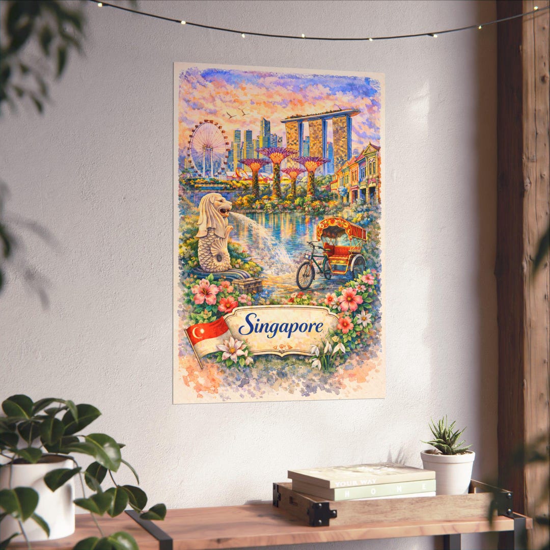 Singapore Poster | Watercolor Merlion, Marina Bay Sands & Gardens by ...