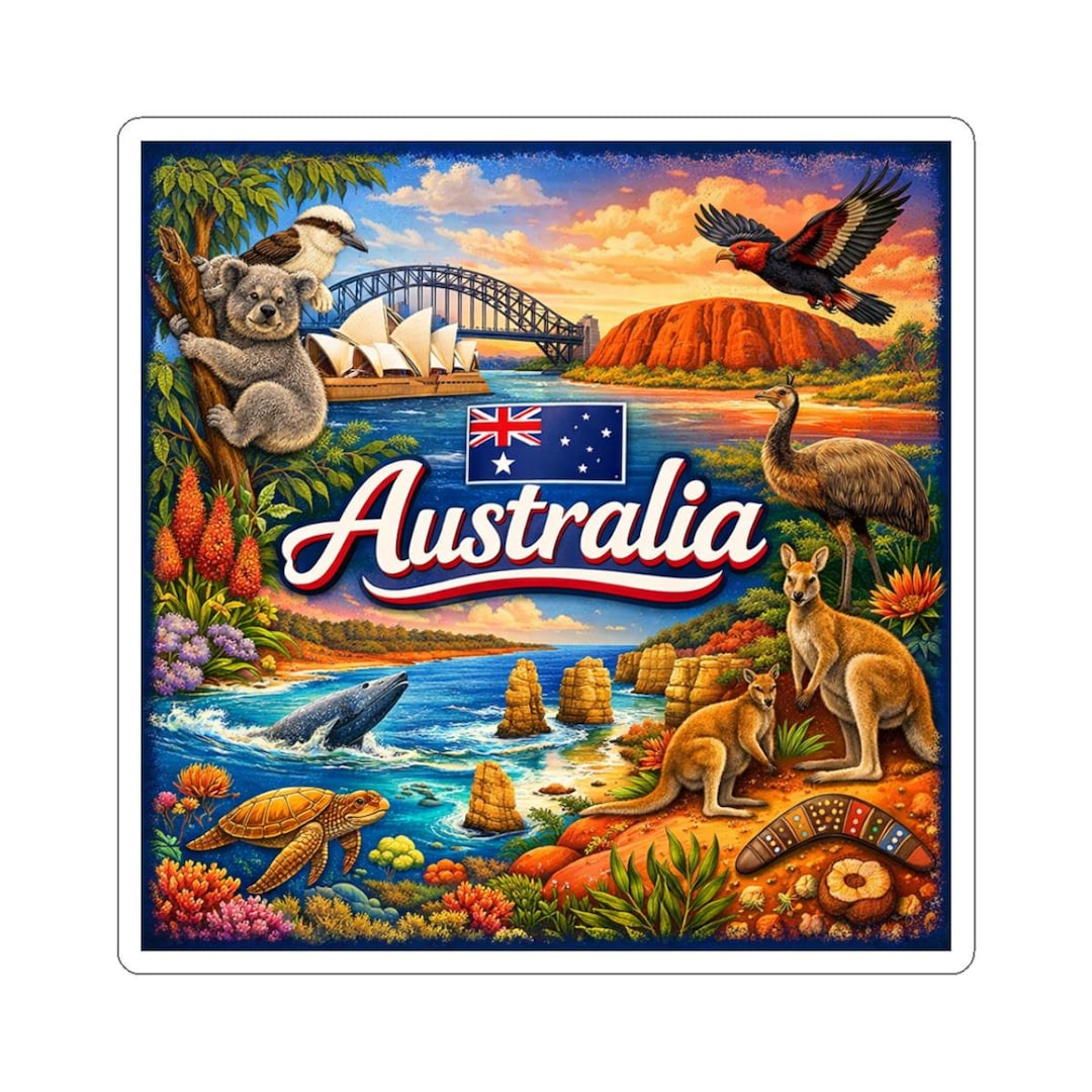 Australia Scenery Sticker | Kangaroo, Koala, Sydney Opera House Kiss ...
