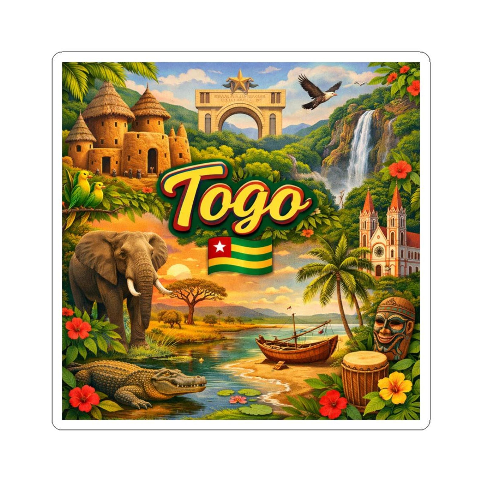 Togo Collage Sticker | African Landmarks, Wildlife, Flag Kiss-cut ...