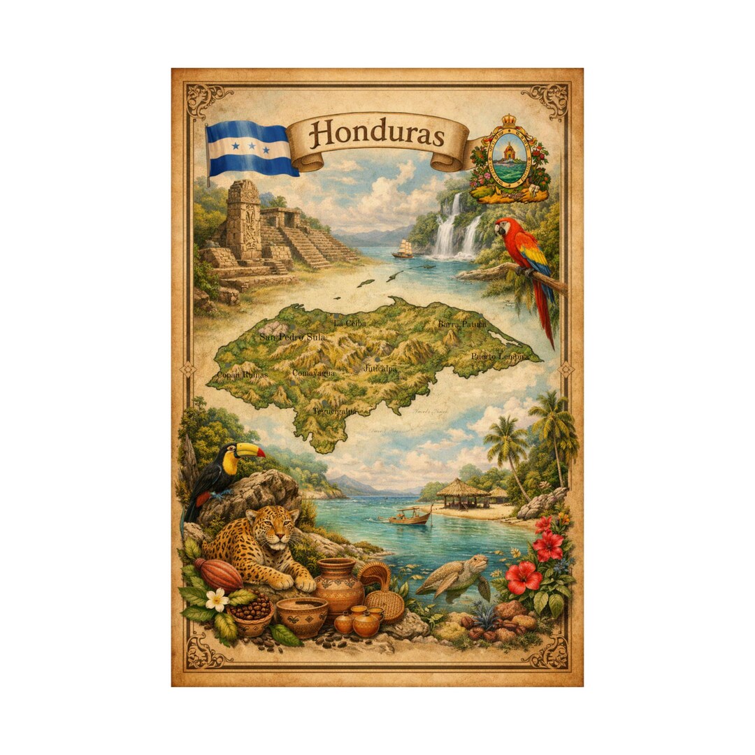 Honduras Vintage Map Poster | Matte Vertical Poster, Central America ...