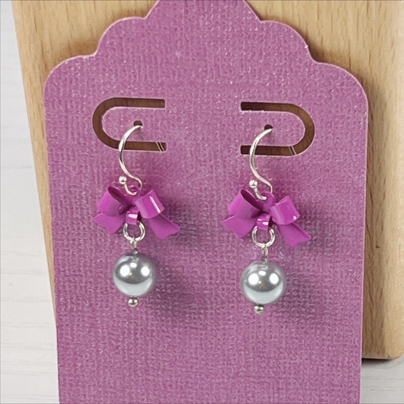 Silver Pearl and Magneta Enamel Bow Dangle Earrings - Etsy