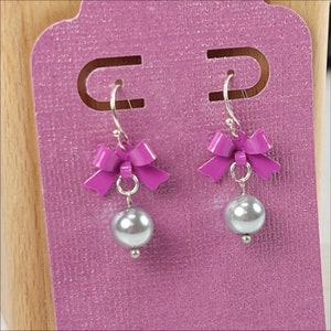 Silver Pearl and Magneta Enamel Bow Dangle Earrings - Etsy