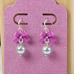 Silver Pearl and Magneta Enamel Bow Dangle Earrings - Etsy