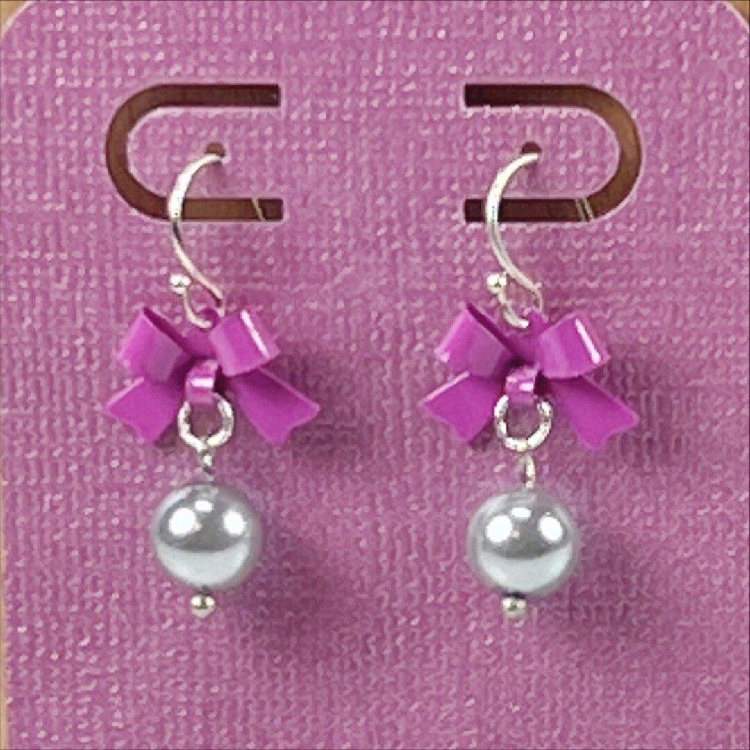 Silver Pearl and Magneta Enamel Bow Dangle Earrings - Etsy