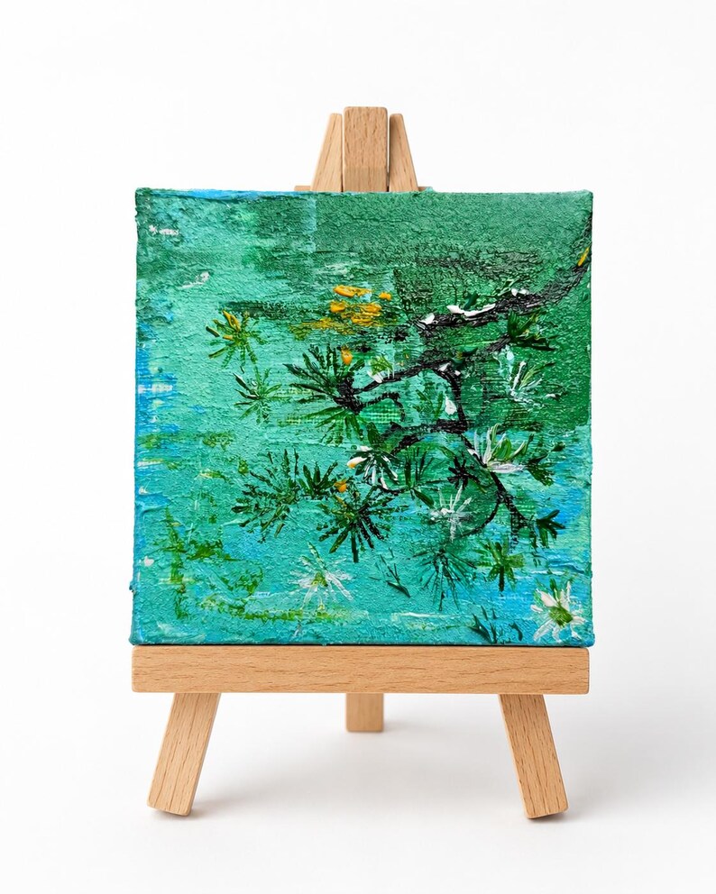 Mini Impasto Oil Painting, Textured Green Pine Tree Canvas Art ...