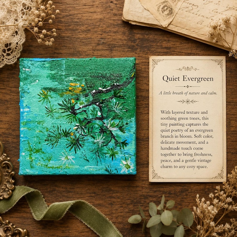 Mini Impasto Oil Painting, Textured Green Pine Tree Canvas Art ...