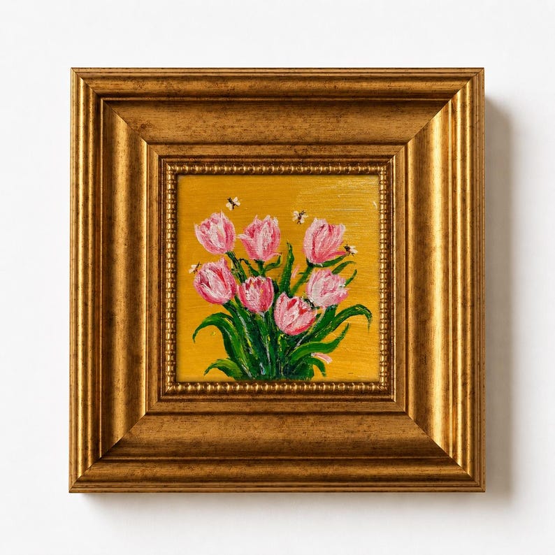 Handmade Pink Tulip Painting, Golden Floral Wall Art With Bees ...